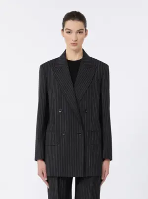Max Mara Black Wool Double-breasted Jacket With Peak Lapel And Striped Motif - Multicolor