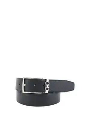 FERRAGAMO Reversible Grained Leather Belt With Gancini Buckle - Black