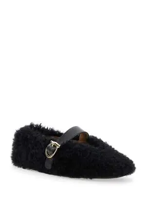 FERRAGAMO Shearling Trimmed Ballerina Flats With Buckle - Multicolor