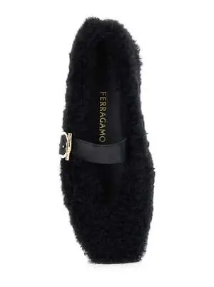 FERRAGAMO Shearling Trimmed Ballerina Flats With Buckle - Multicolor