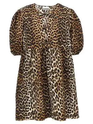 GANNI Leopard Print Cotton Poplin Dress - Multicolor