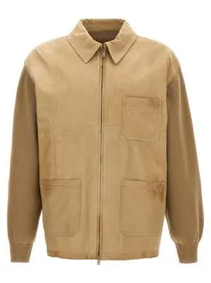 GOLDEN GOOSE Neil Wool Blend Knit And Nubuck Leather Jacket - Cream