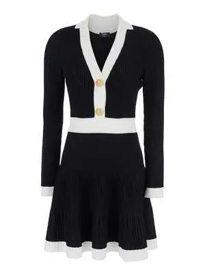 Balmain Knit Dress With Flared Skirt And V-neck - Multicolor