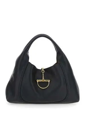 Gucci GUCCI Grained Leather Horsebit Shoulder Bag Black