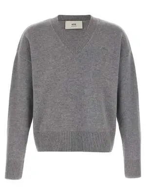 AMI Paris V-neck Wool & Cashmere Sweater With Puff Logo Patch