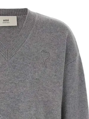 AMI Paris V-neck Wool & Cashmere Sweater With Puff Logo Patch
