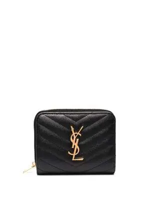 Saint Laurent Cassandre Matelassé Compact Zip Around Wallet In Grain De Poudre Leather - Black