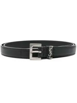 Saint Laurent Squared Buckle Smooth Leather Cassandre Thin Belt - Black