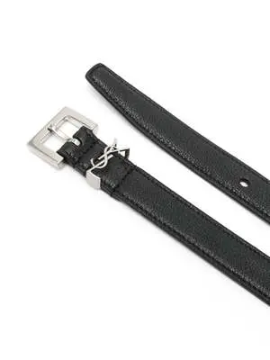 Saint Laurent Squared Buckle Smooth Leather Cassandre Thin Belt - Black