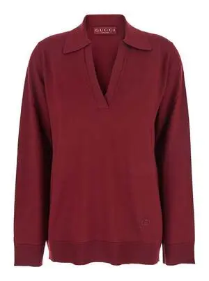 Gucci Bordeaux Wool Polo Collar Sweater With Gg Logo - Multicolor