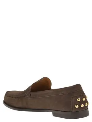 TOD'S Suede Calfskin Loafers With Embossed Monogram And Metal Heel Detail - Brown