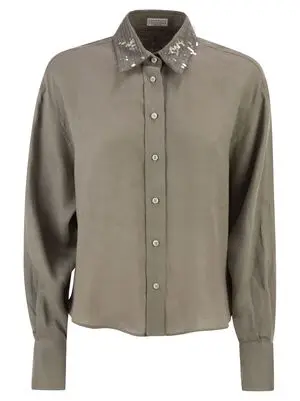 Brunello Cucinelli Linen Shirt With Sequin-embroidered Collar - Yellow