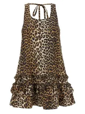 GANNI Leopard Cotton Poplin Mini Dress - Brown
