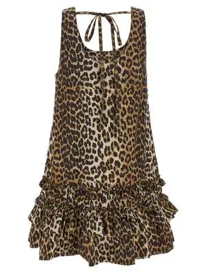 GANNI Leopard Cotton Poplin Mini Dress - Brown