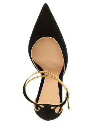 GIANVITO ROSSI Ivette Suede Pointed Pumps With Laminated Leather Piping And Double Adjustable Ankle Strap