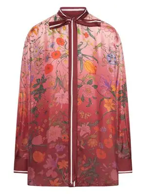 Gucci Printed Silk Floral Ombré Tie Neck Shirt - Multicolor
