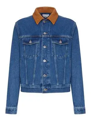 Bottega Veneta Medium Wash Denim Jacket With Intrecciato Leather Collar
