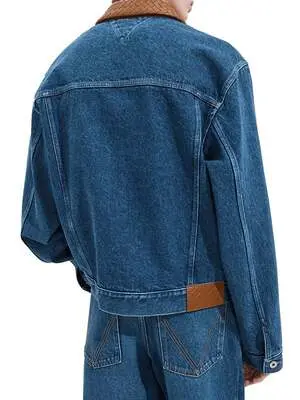 Bottega Veneta Medium Wash Denim Jacket With Intrecciato Leather Collar