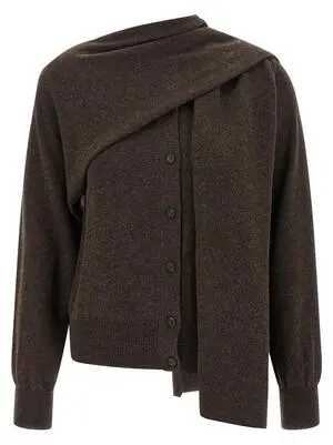 FERRAGAMO Mélange Cashmere Cardigan With Scarf Insert - Brown