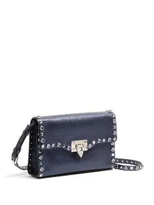 Valentino Garavani Rockstud Small Shoulder Bag In Laminated Leather - Blue