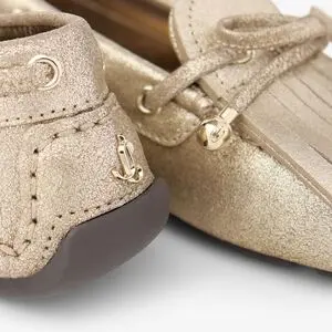 JIMMY CHOO Manon Gold Shimmer Suede Loafers With Metal Orb - Silver
