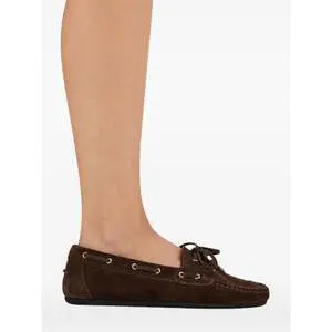 FERRAGAMO Dark Suede Moc Toe Loafers With Gold-tone Charm - Brown