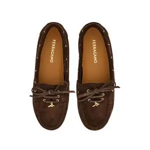 FERRAGAMO Dark Suede Moc Toe Loafers With Gold-tone Charm - Brown