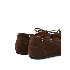 FERRAGAMO Dark Suede Moc Toe Loafers With Gold-tone Charm - Brown