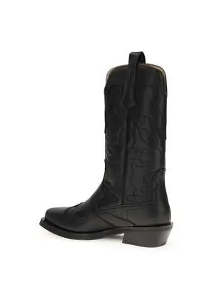 GANNI Embroidered Mid-calf Western Boots - Black
