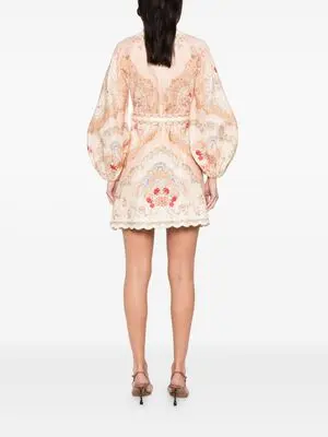 Zimmermann Daylight Linen Mini Dress With Floral Print And Lace Trim