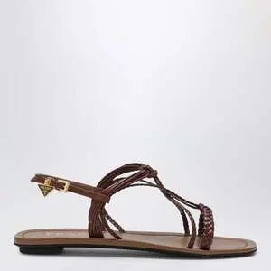 Prada Flat Leather Sandals With Enamelled Metal Triangle Logo