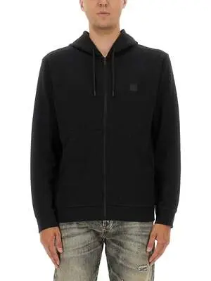 BOSS Cotton Zip-up Hoodie With Logo Detail - Black