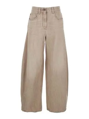 Brunello Cucinelli Beige Denim Balloon Fit Jeans With Back Logo Patch - Multicolor