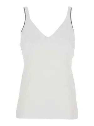 Brunello Cucinelli White Cotton V-neck Sleeveless Top With Monile Detail - Multicolor