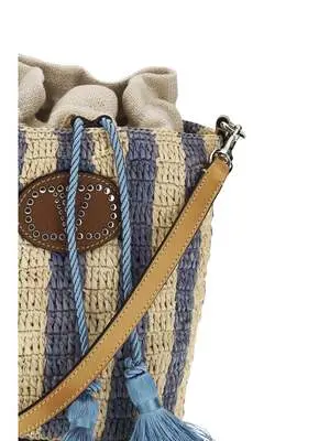 Valentino Garavani Striped Raffia Bucket Bag With Palladium-finish Hardware - Blue