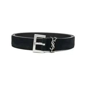Saint Laurent Calf Suede Logo Plaque Belt - Black