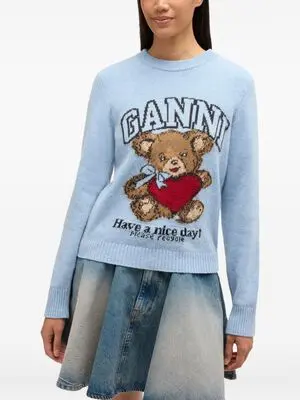 GANNI Light Blue Graphic Print Crewneck Sweater - Multicolor