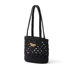 Prada Canvas Crochet Open Knit Bucket Bag