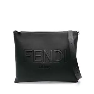 Fendi Calf Leather Embossed Logo Shoulder Bag - Black