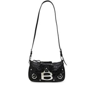 Balenciaga Calf Leather Crocodile Effect Shoulder Bag - Black