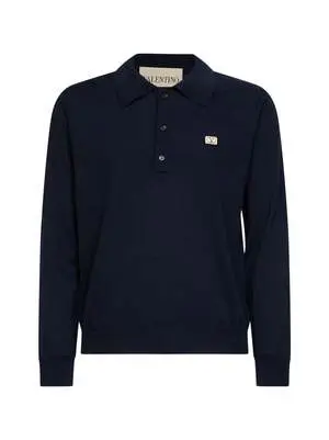 Valentino Garavani Navy Blue Wool Knit Polo Shirt With Vlogo Patch