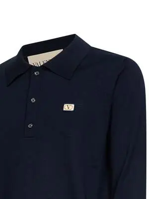 Valentino Garavani Navy Blue Wool Knit Polo Shirt With Vlogo Patch