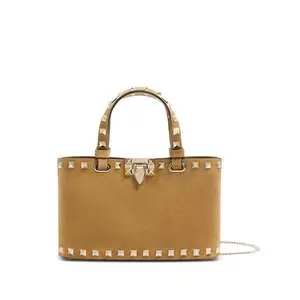 Valentino Garavani VALENTINO GARAVANI Rockstud Embellished Leather Tote Bag Cream