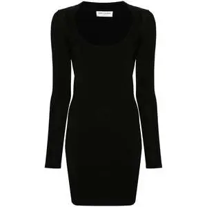 Saint Laurent Ribbed Fine Knit Long Sleeve Dress - Black