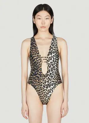 GANNI Leopard Print V-neck One-piece Swimsuit - Brown