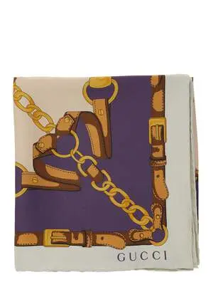 Gucci Multicolored Square Scarf With Chain Print And Lettering Logo In Silk For - Multicolor