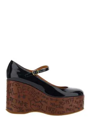 Chloé Black Leather Mary Jane Wedge Heels