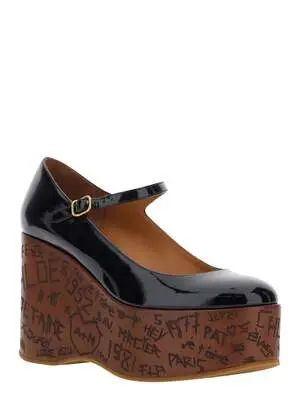 Chloé Black Leather Mary Jane Wedge Heels