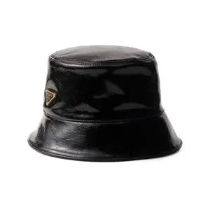 Prada Patent Calf Leather Bucket Hat With Enamel Triangle Logo - Black
