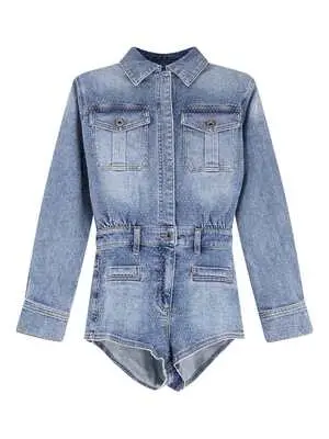 SELF-PORTRAIT Embellished Denim Playsuit - Blue
